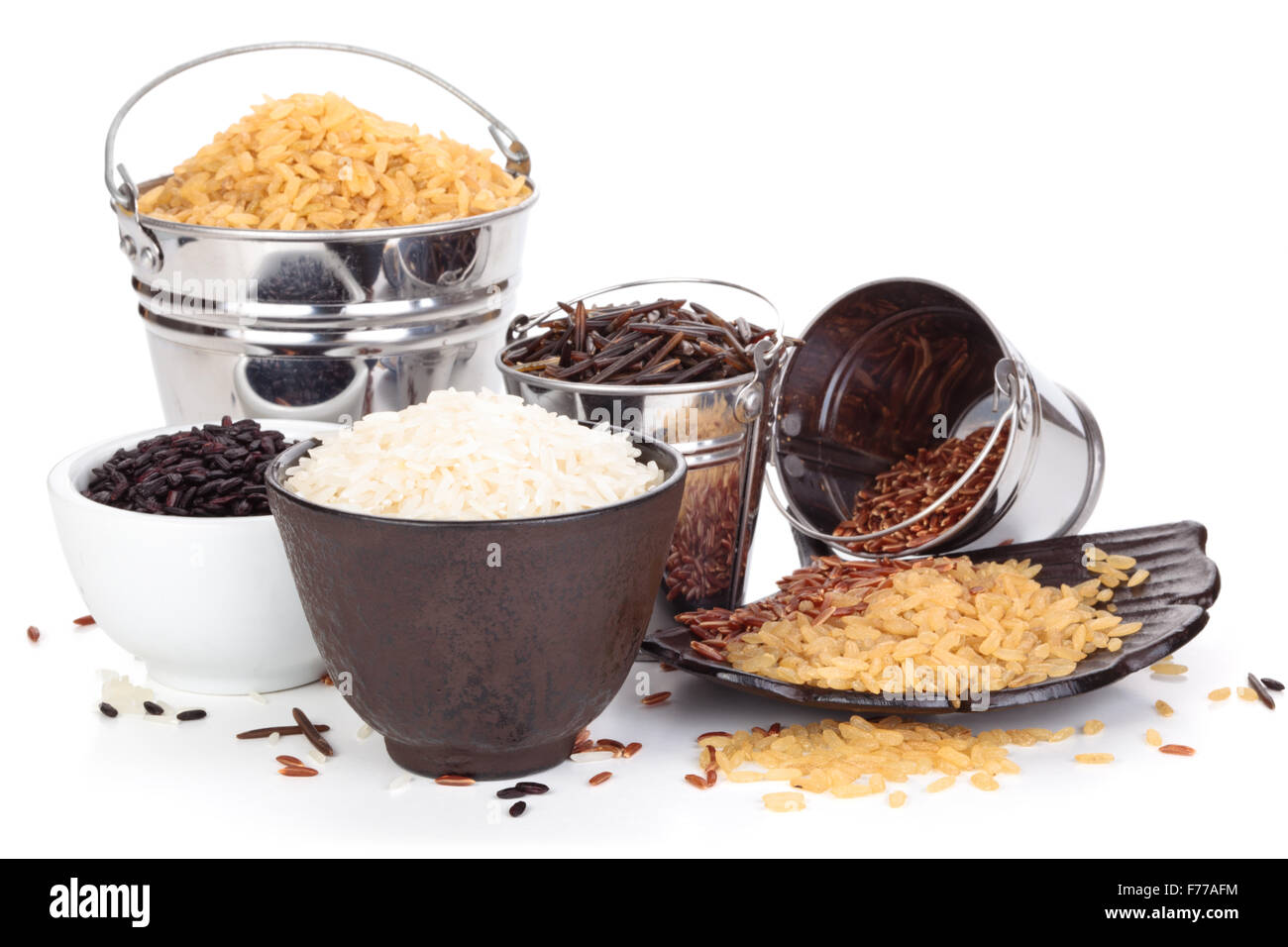 Different kinds of rice in buckets and pots Stock Photo - Alamy
