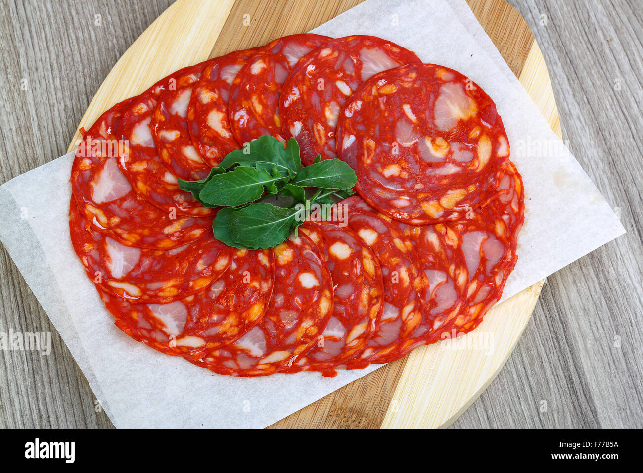 Traditional Spanish salami - Chorizo sausage on the wood background ...