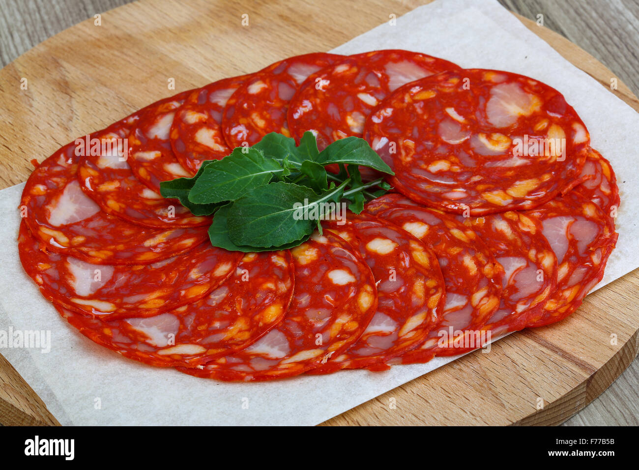 Traditional Spanish salami - Chorizo sausage on the wood background ...
