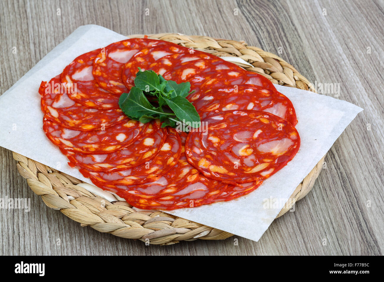 Traditional Spanish salami - Chorizo sausage on the wood background ...