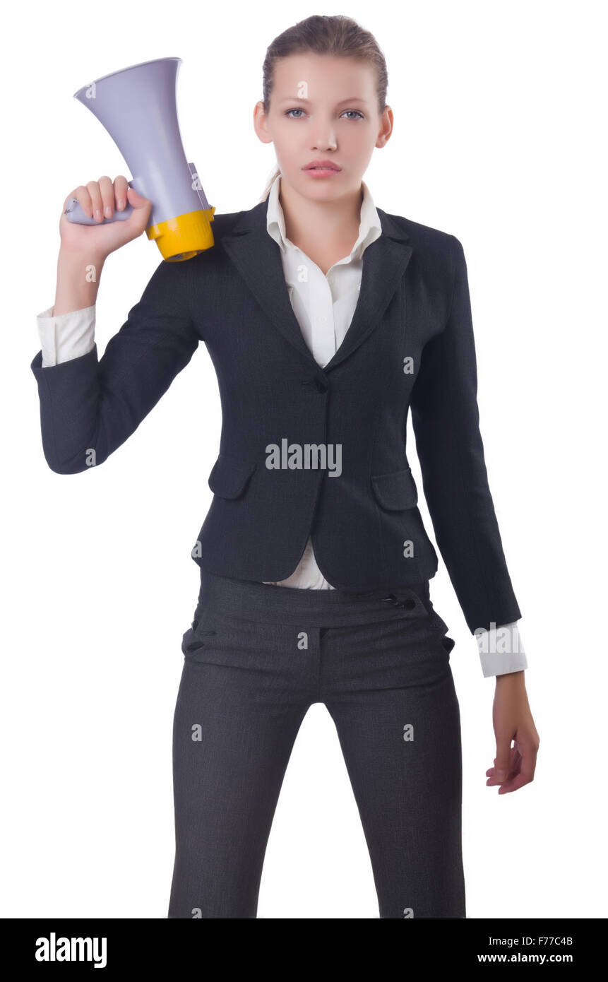 Woman with loudspeaker on white Stock Photo - Alamy