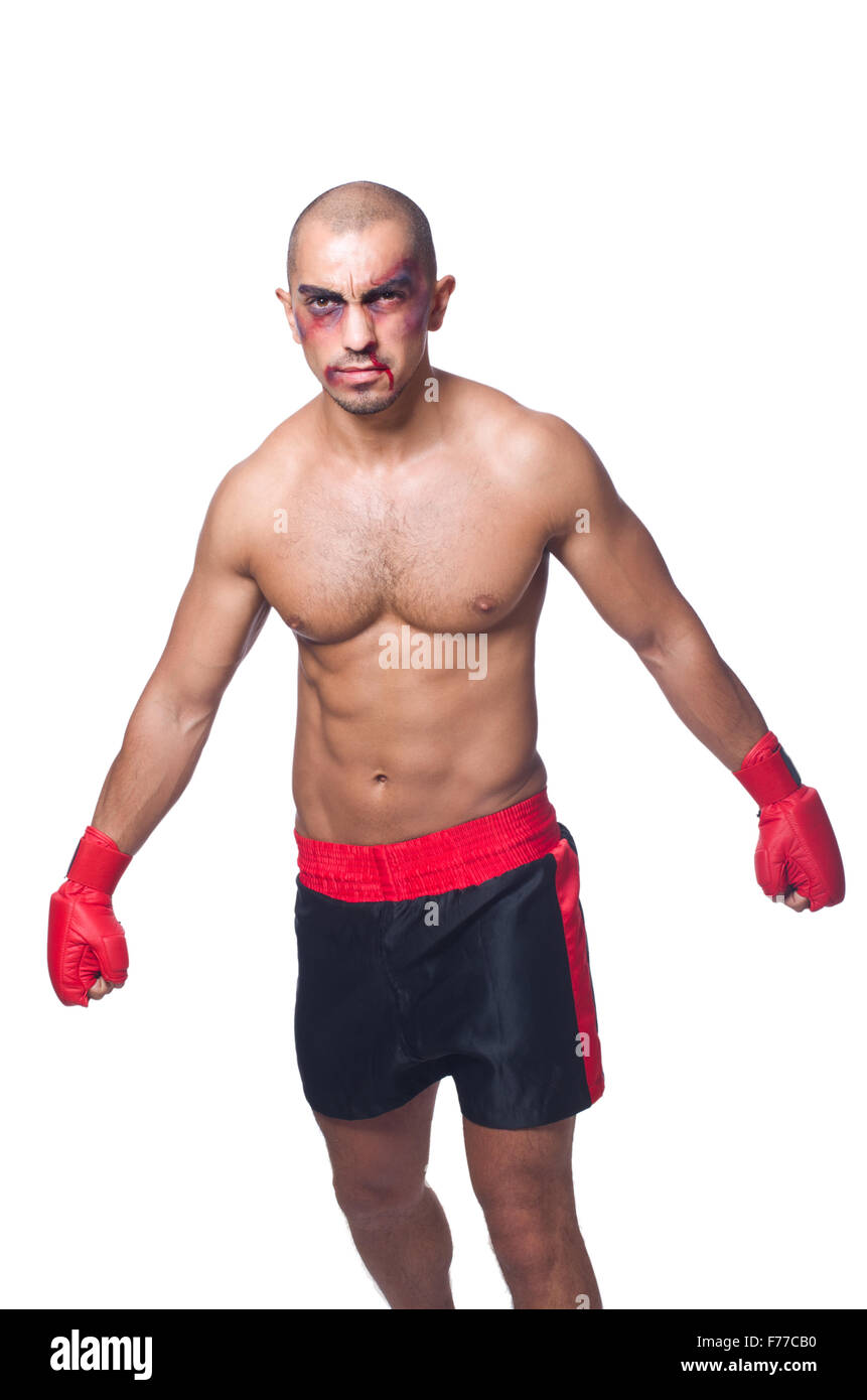 Badly beaten boxer isolated on white Stock Photo - Alamy
