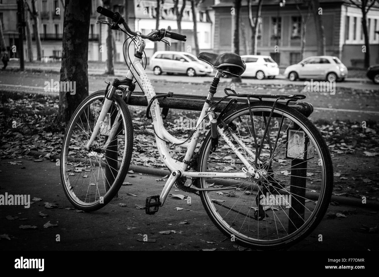 Black & white image of a bicycle, chained up, near the Palace of ...