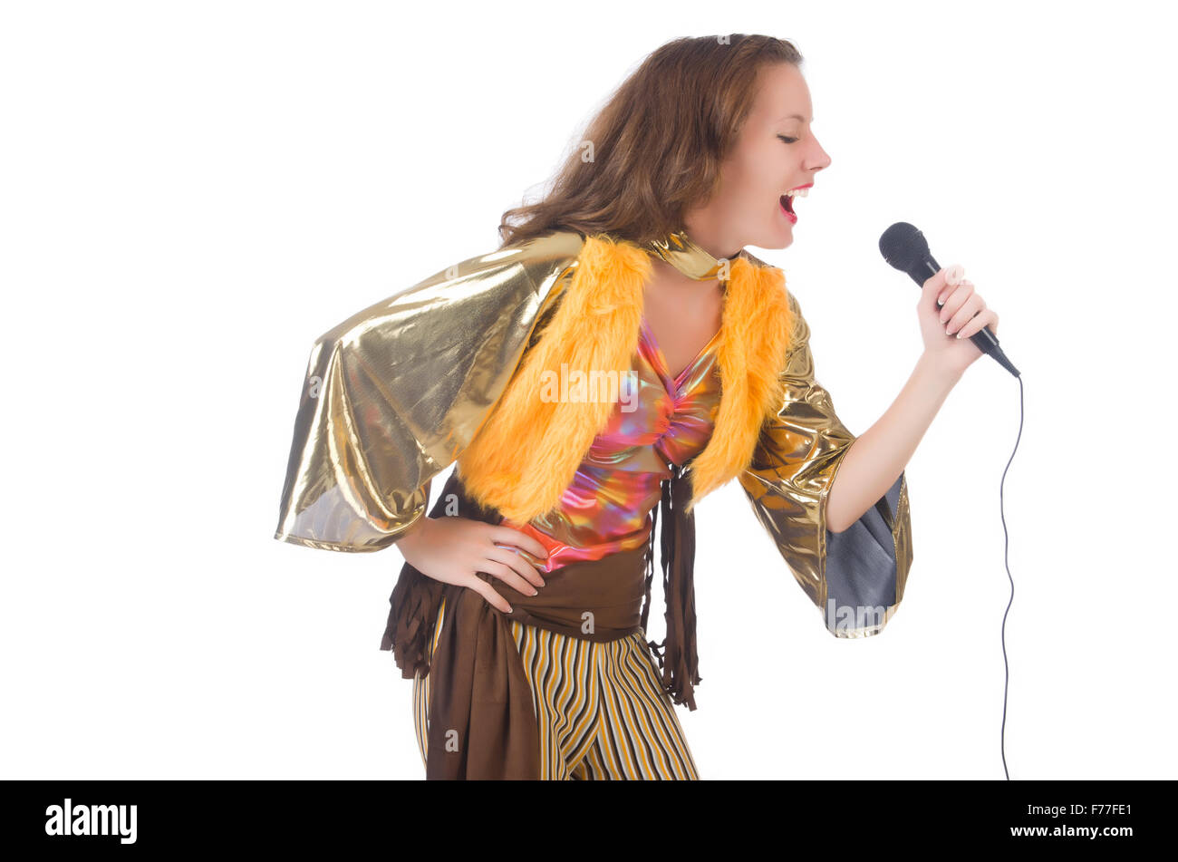 Woman in spanish clothing with mic Stock Photo - Alamy