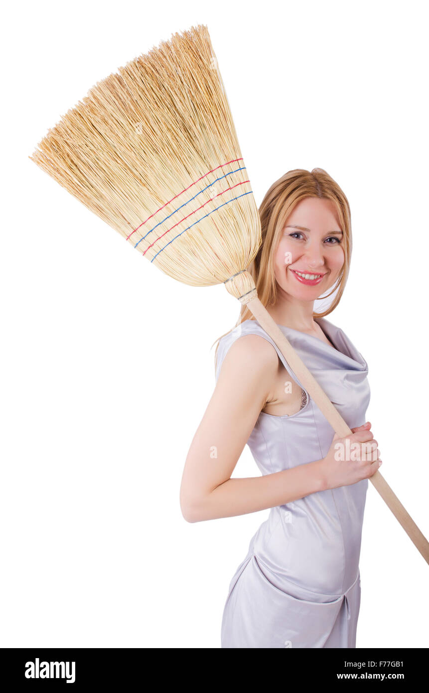 Young woman with broom on white Stock Photo - Alamy