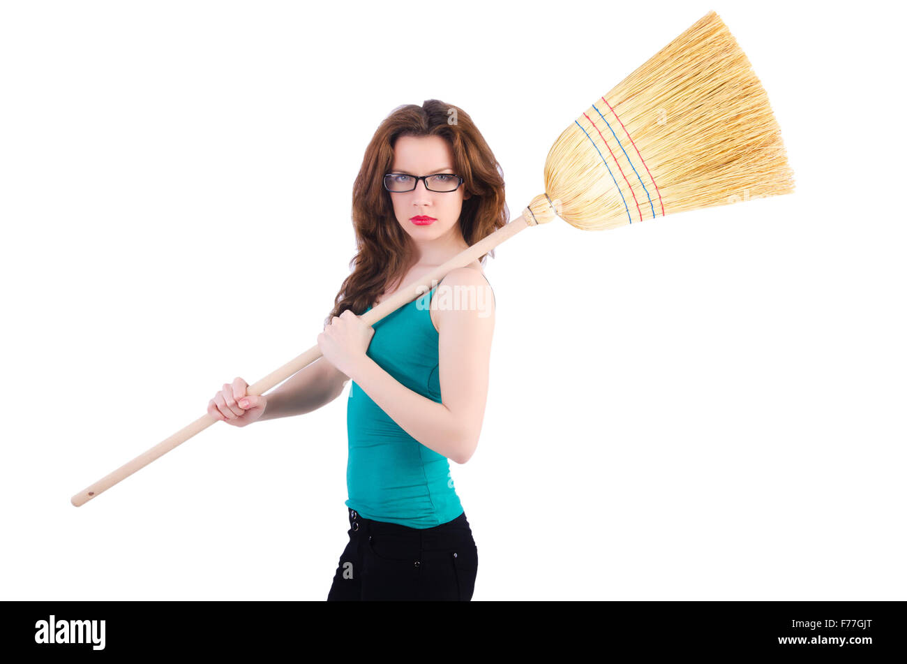 Young woman with broom on white Stock Photo - Alamy