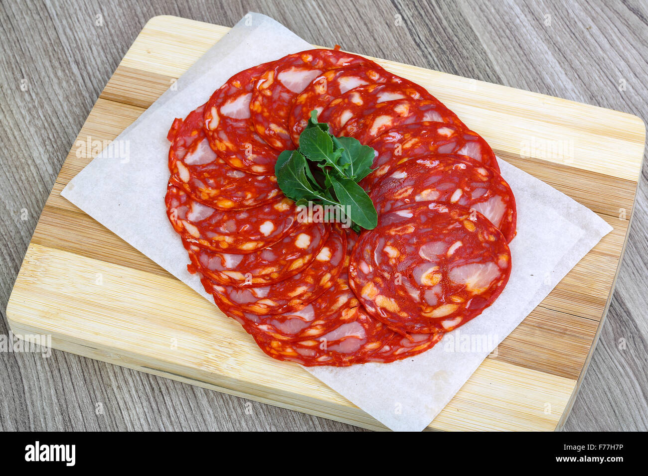 Traditional Spanish salami - Chorizo sausage on the wood background ...