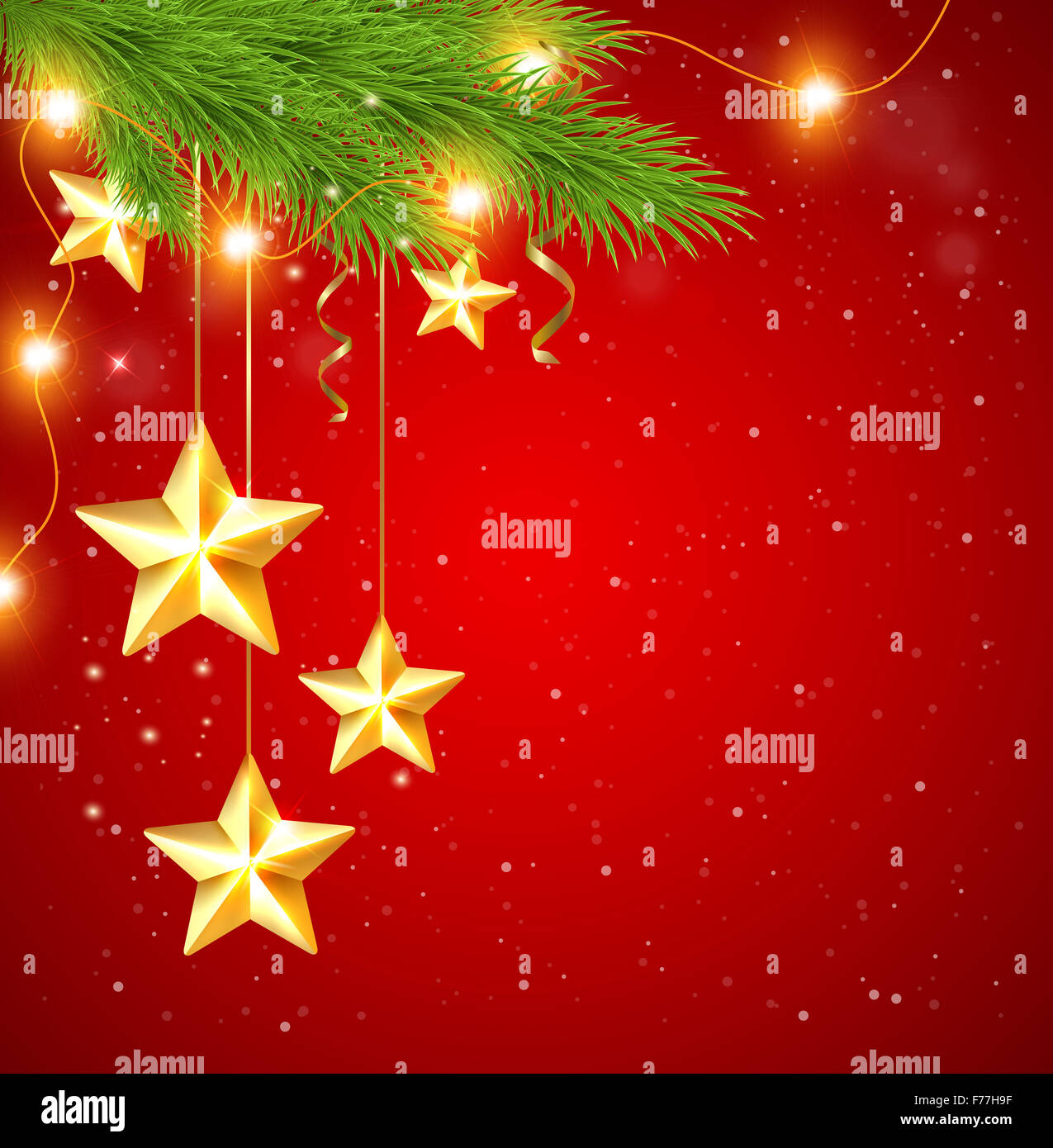Red Christmas background with shining golden stars and fir tree Stock ...