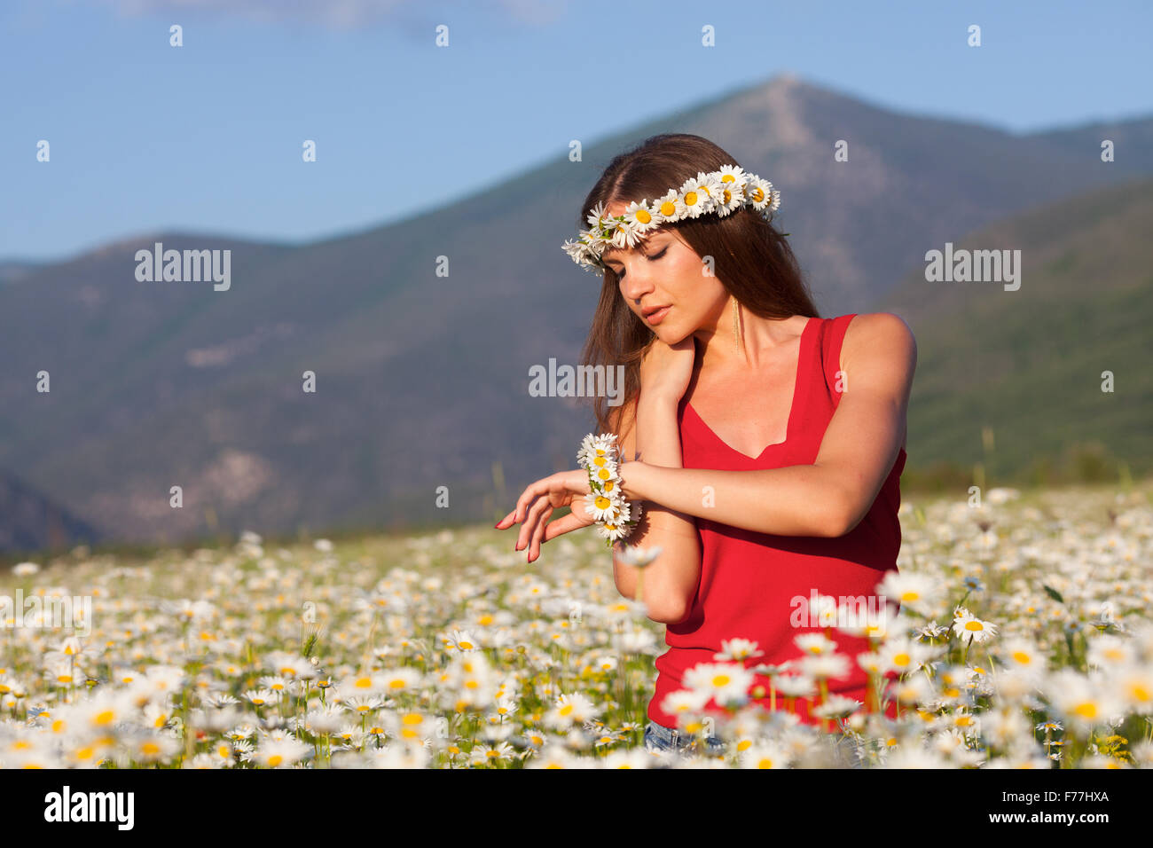 Girl on camomile field Stock Photo - Alamy