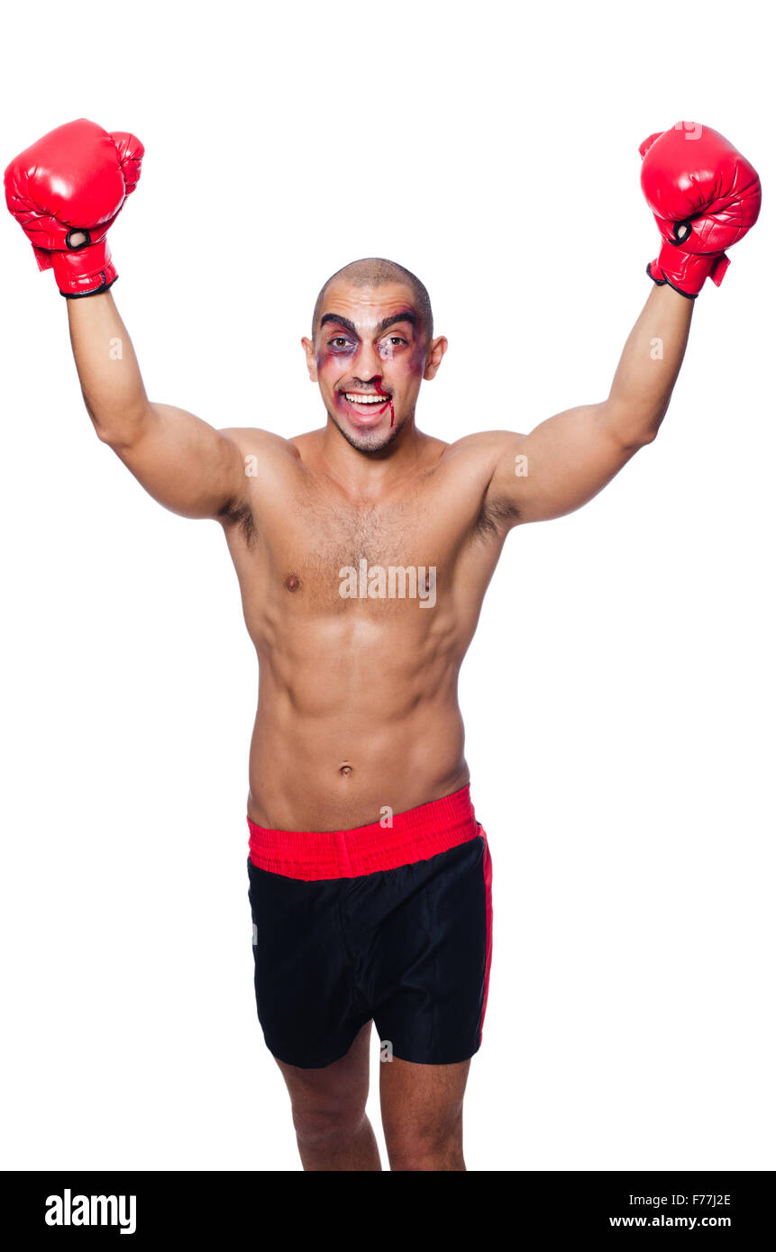 Badly beaten boxer isolated on white Stock Photo - Alamy