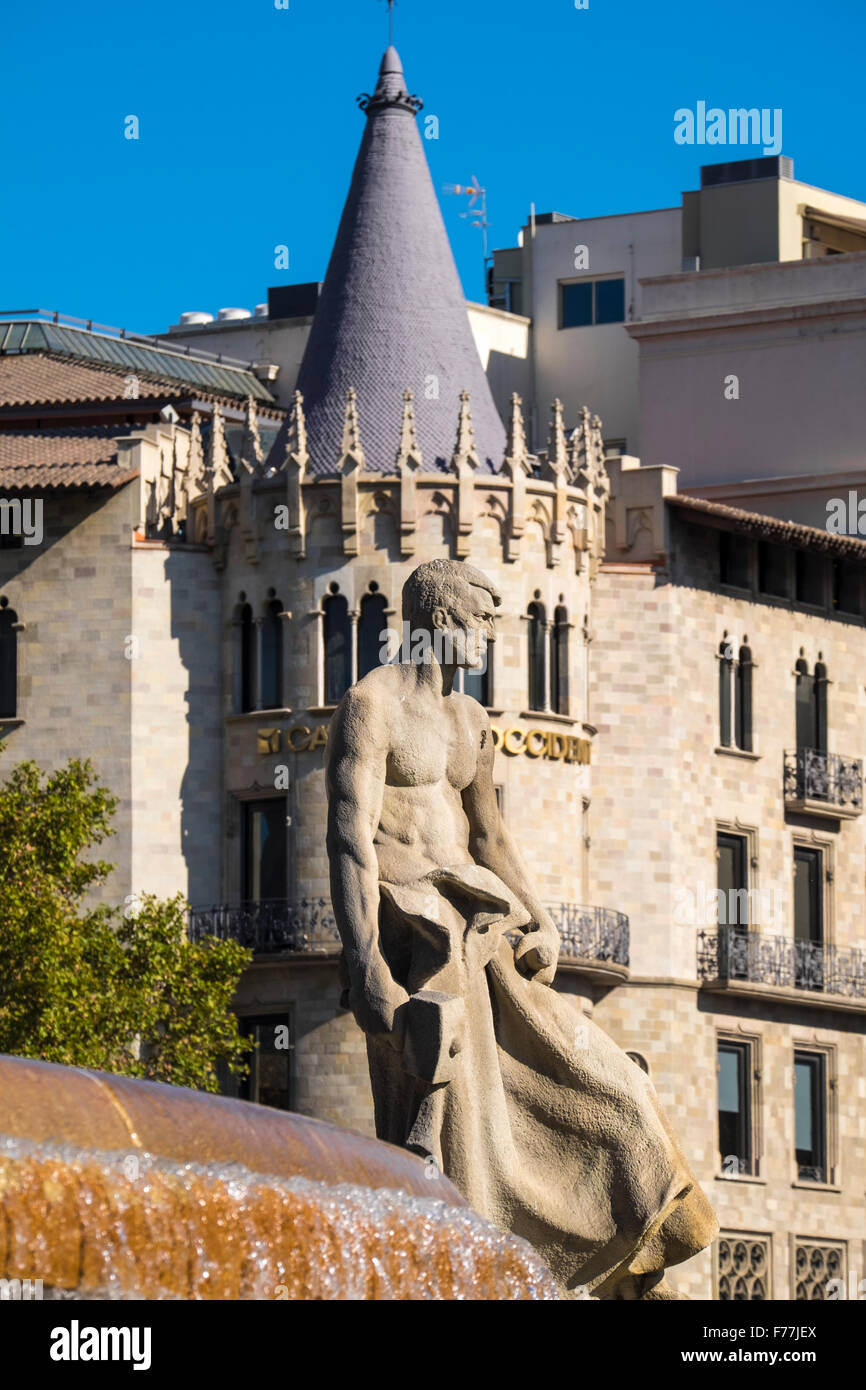 set of sculptures Plaza Catalunya square in Barcelona, Catalonia, Spain ...