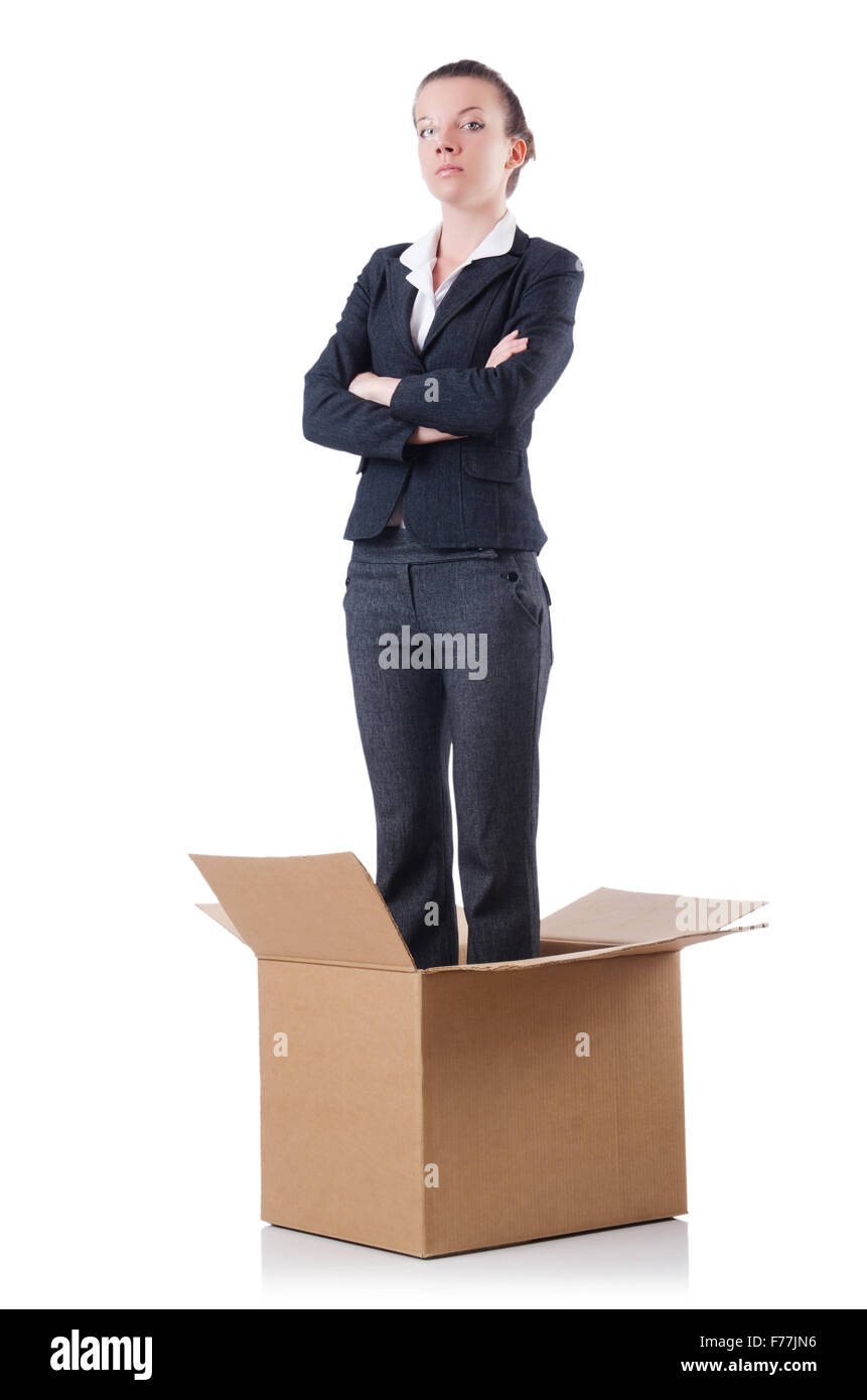 Woman with boxes on white Stock Photo - Alamy