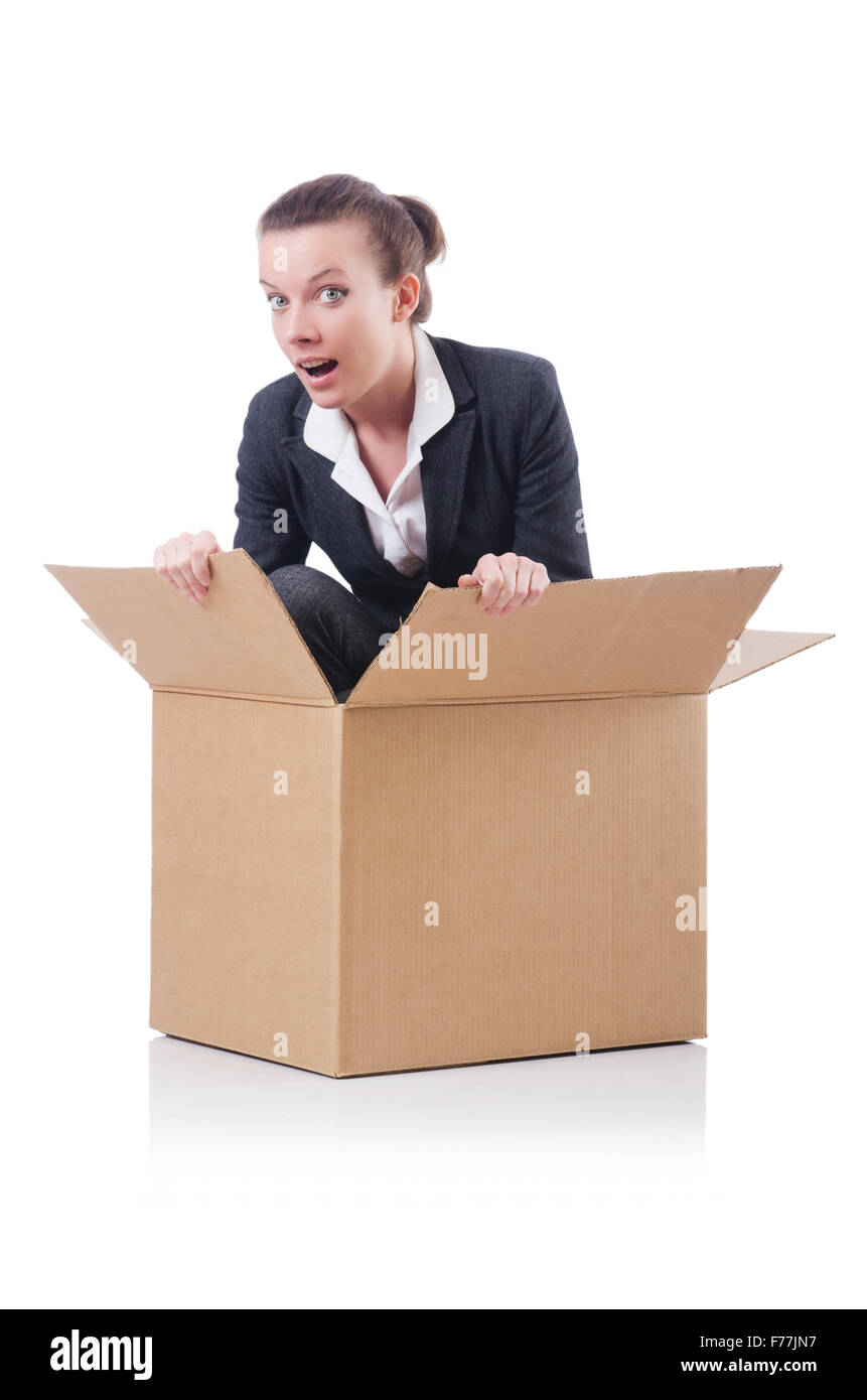 Woman with boxes on white Stock Photo - Alamy