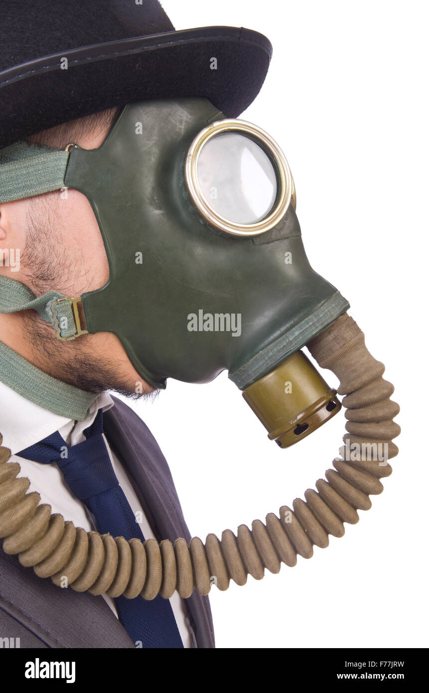 Businessman wearing gas mask isolated on white Stock Photo - Alamy