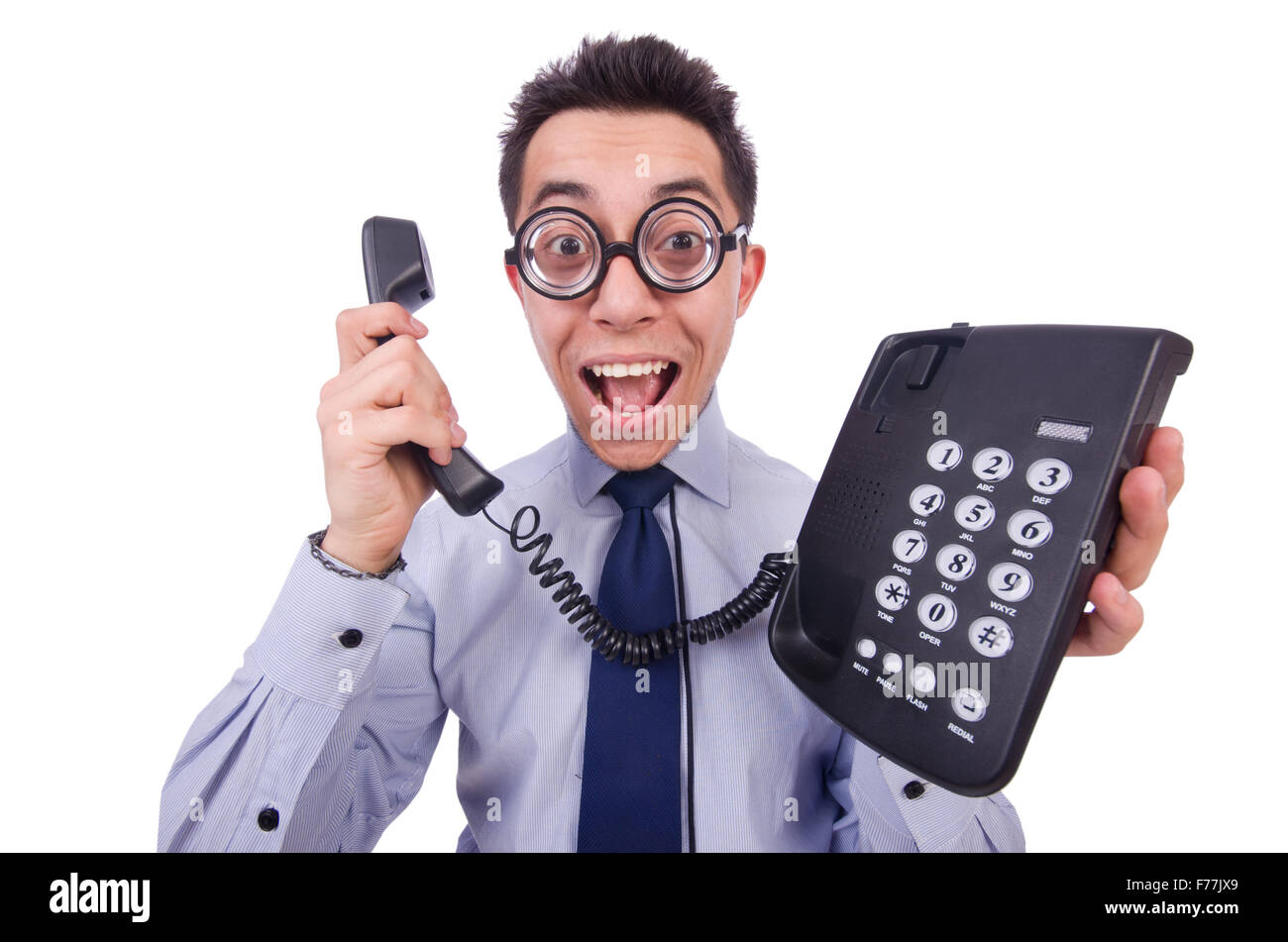 Crazy man with phone on white Stock Photo - Alamy