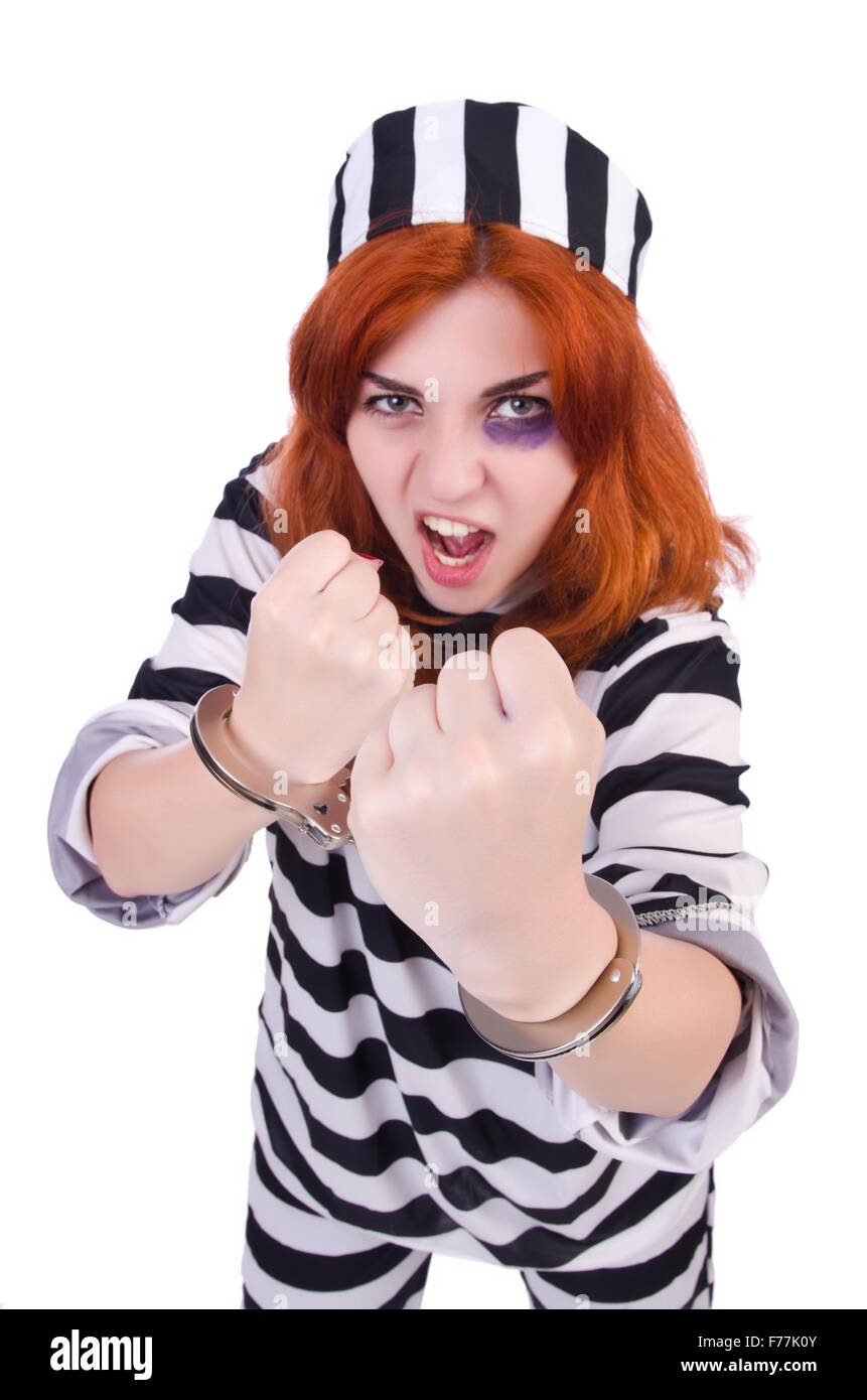 Prisoner in striped uniform on white Stock Photo - Alamy
