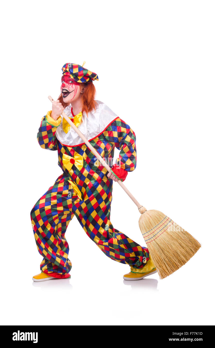 Clown with broom isolated on white Stock Photo - Alamy