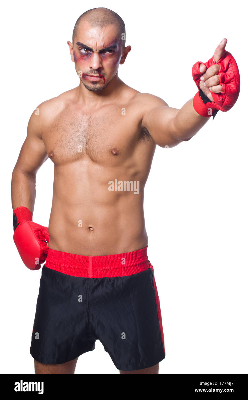 Badly beaten boxer isolated on white Stock Photo - Alamy