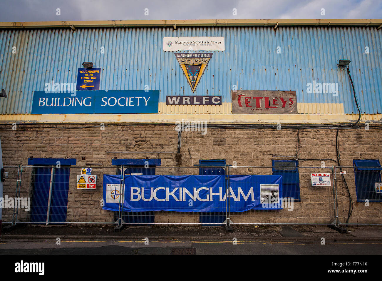 Sign above the main entrances and supporters shop at Warrington Rugby ...
