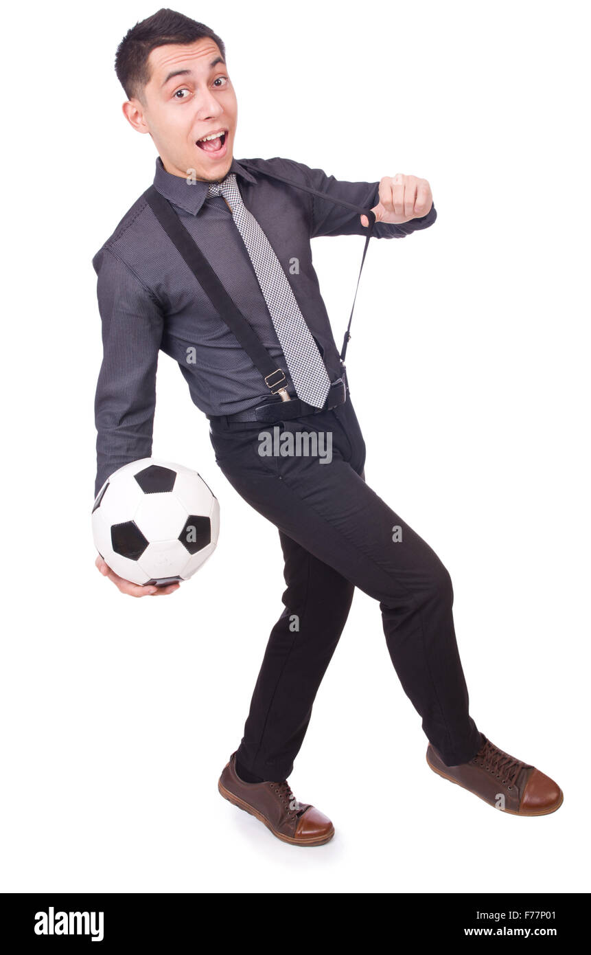 Funny man with football isolated on white Stock Photo - Alamy