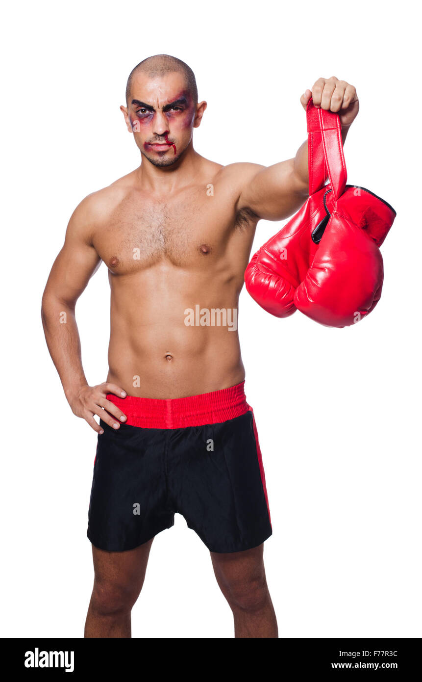 Badly beaten boxer isolated on white Stock Photo - Alamy