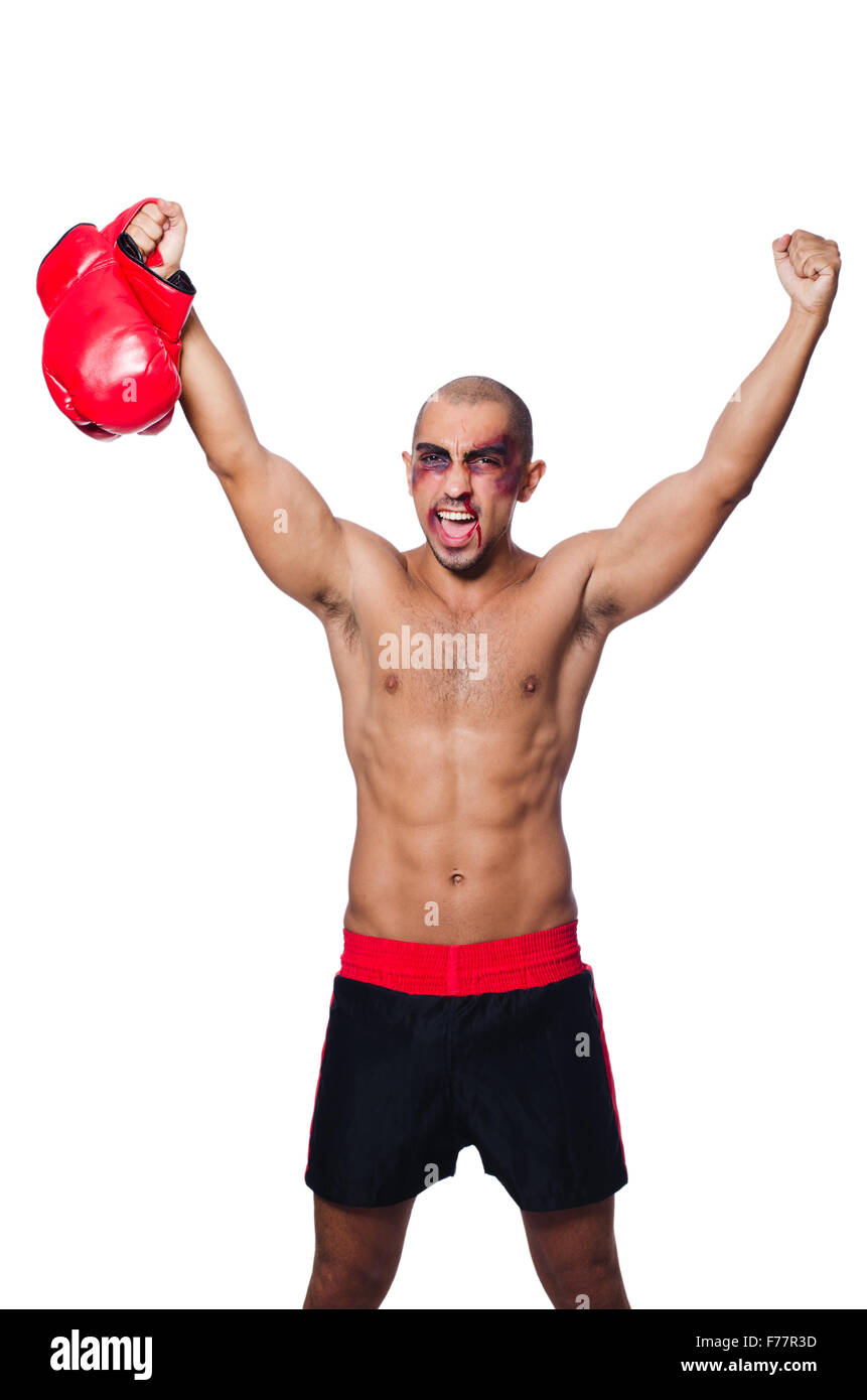 Badly beaten boxer isolated on white Stock Photo - Alamy