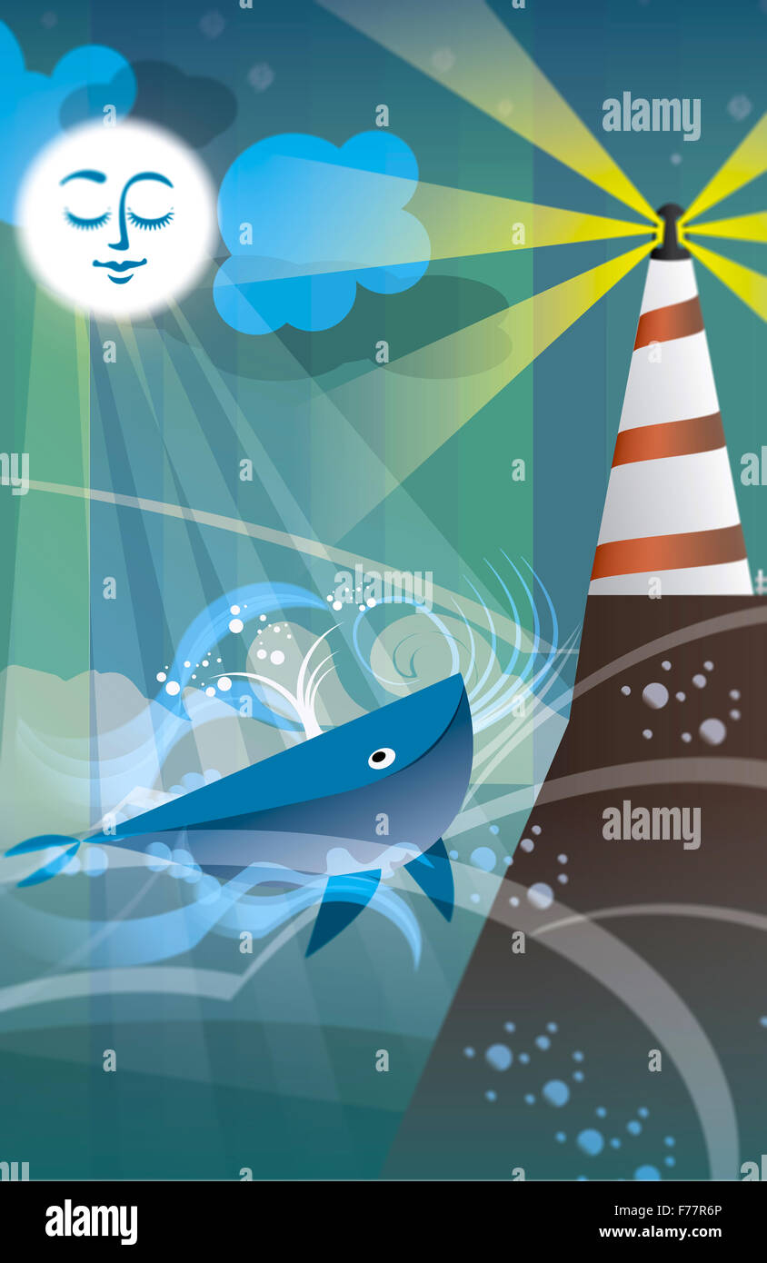 Whale in the sea with lighthouse and moon, fairy tale, children's book ...