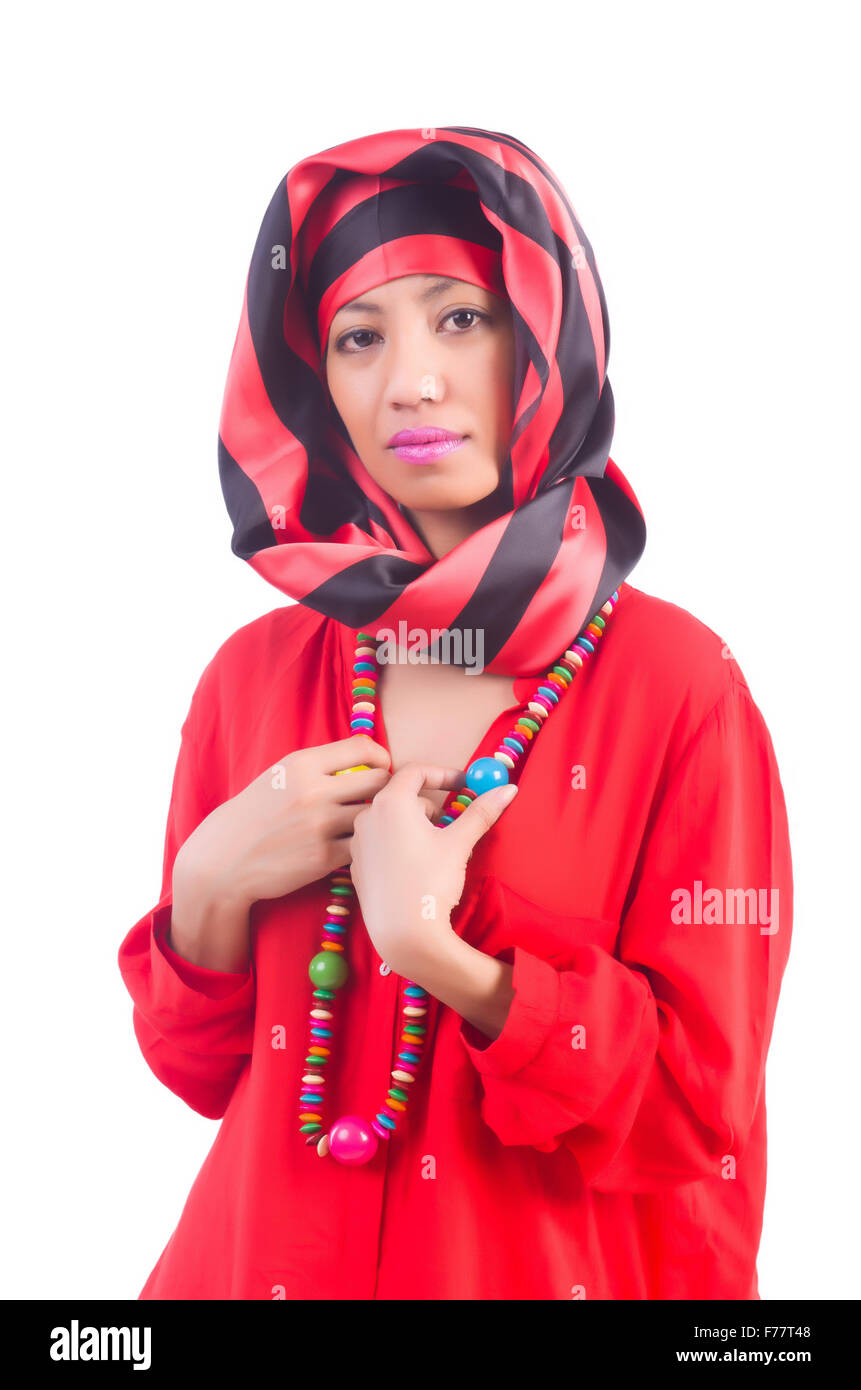 Woman in red scaf on white Stock Photo - Alamy