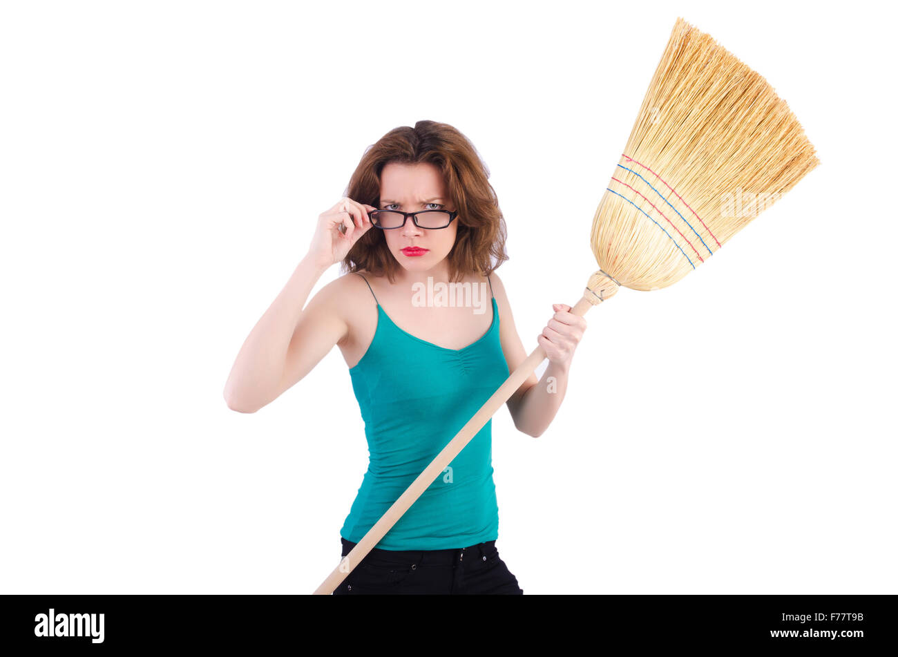 Young woman with broom on white Stock Photo - Alamy
