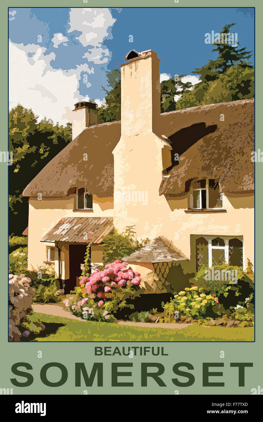A poster style illustration from a photograph of Selworthy's thatched ...