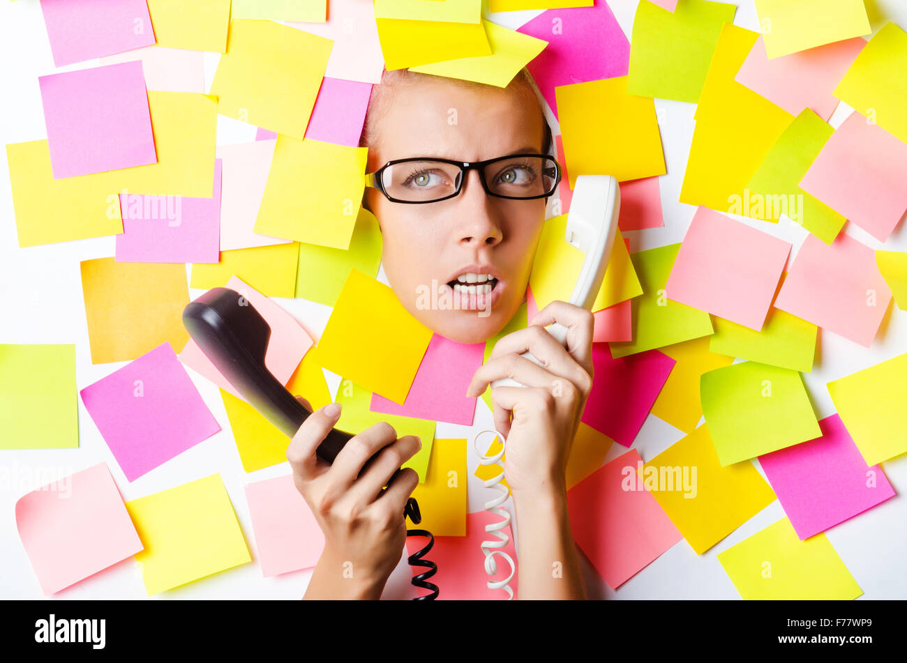 Woman with lots of reminder notes Stock Photo - Alamy