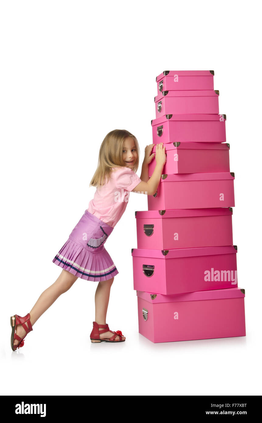 Little cute girl with lots of boxes Stock Photo - Alamy