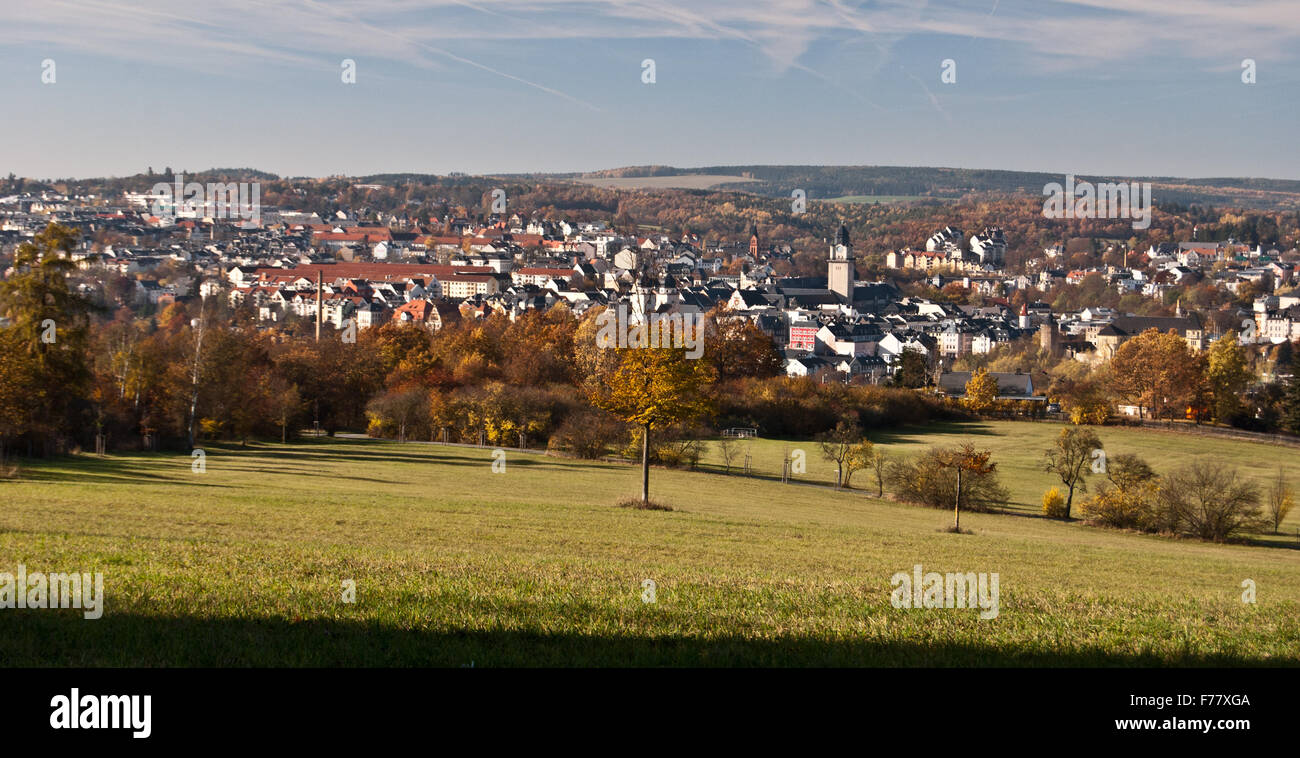 panorama of Plauen city in Saxony from meadow with isolated tree during ...