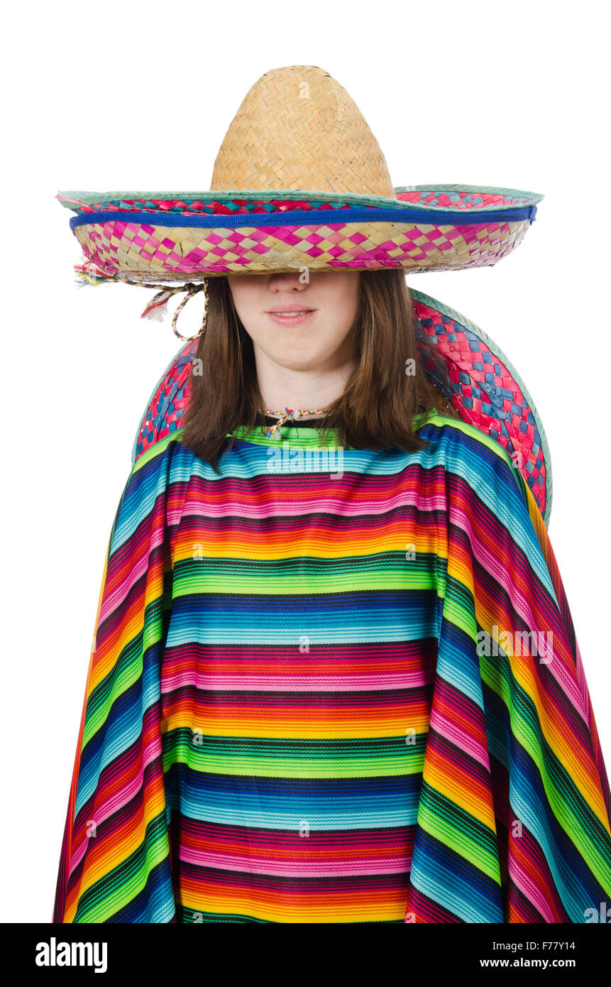 Pretty mexican girl in vivid poncho isolated on white Stock Photo - Alamy