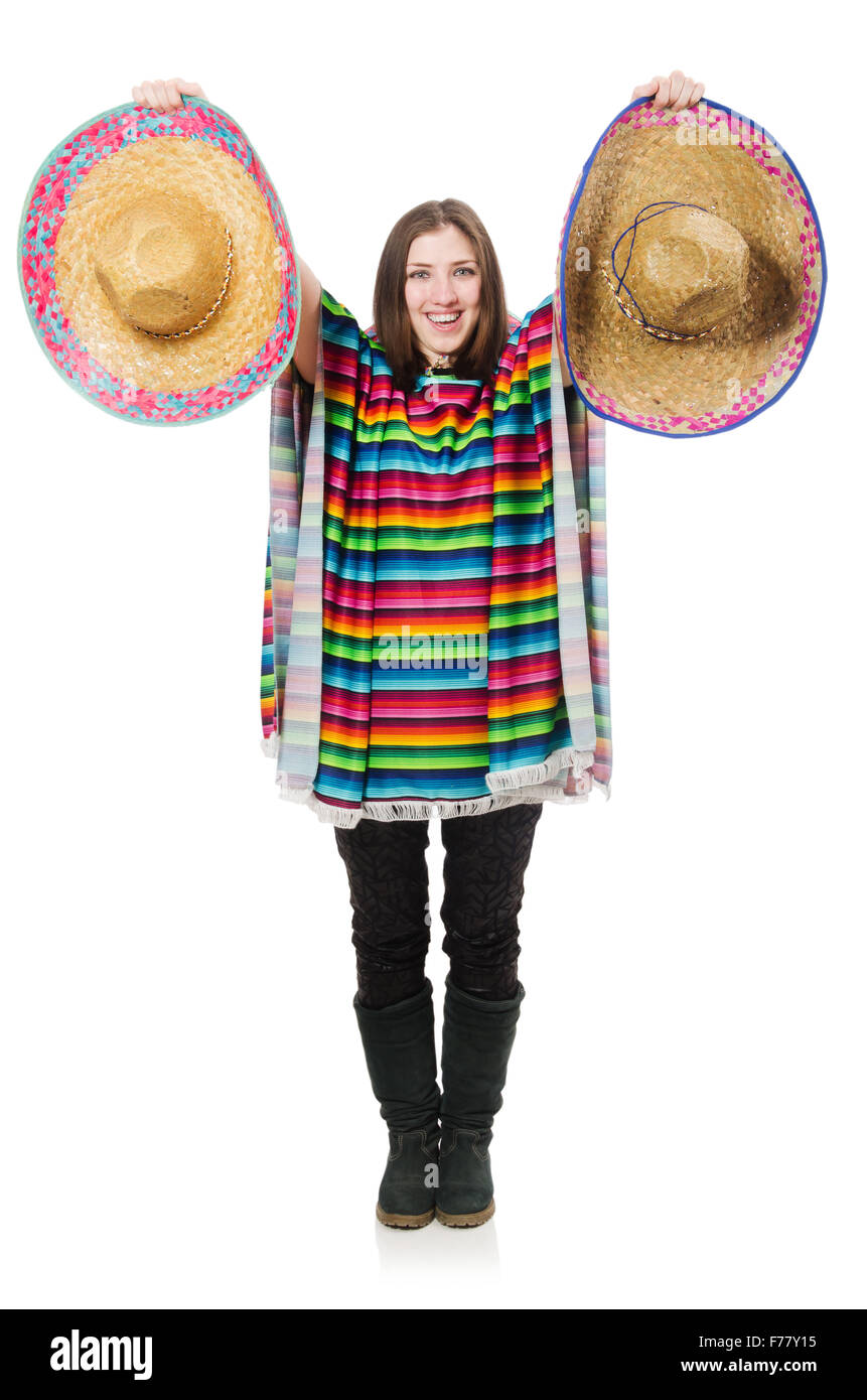 Pretty mexican girl in vivid poncho isolated on white Stock Photo - Alamy