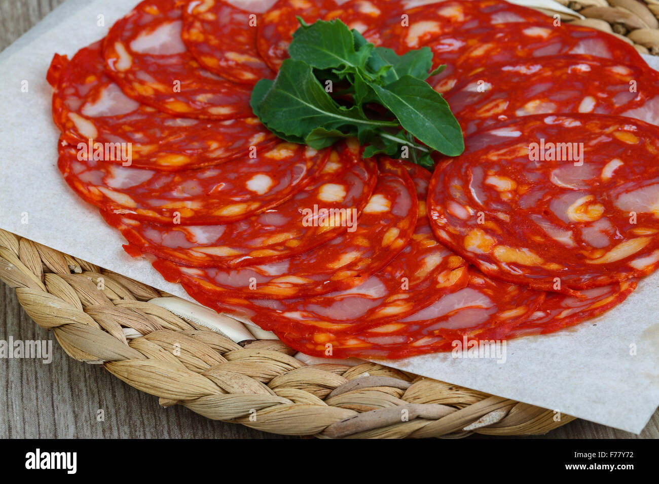 Traditional Spanish salami - Chorizo sausage on the wood background ...