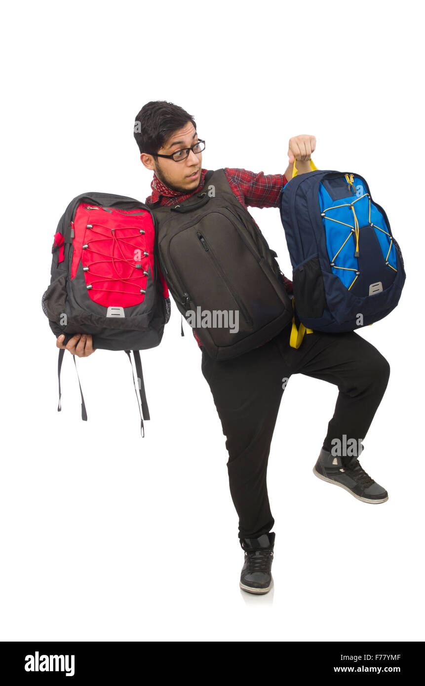 Young man with bags isolated on white Stock Photo - Alamy