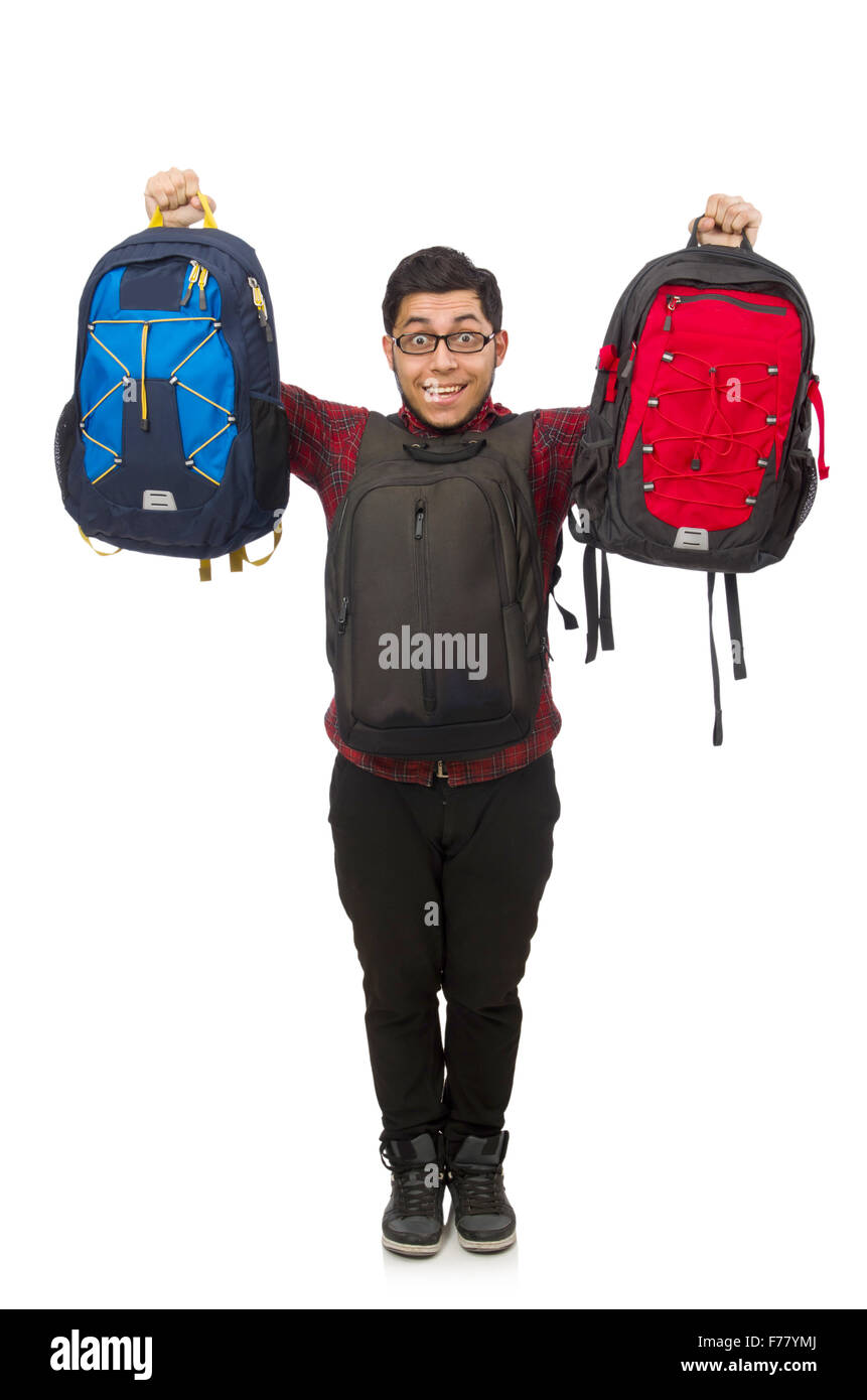 Young man with bags isolated on white Stock Photo - Alamy