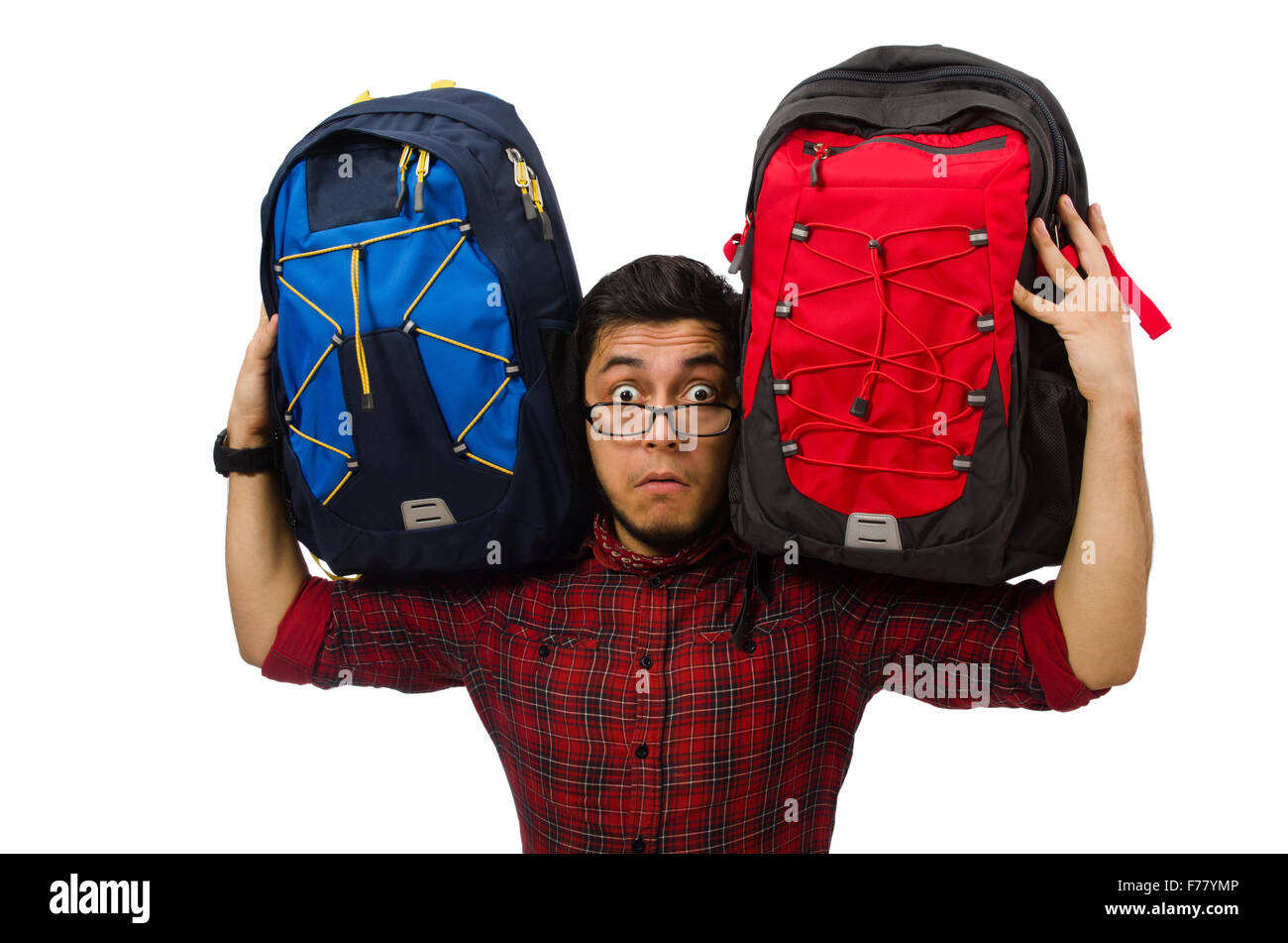 Young man with bags isolated on white Stock Photo - Alamy