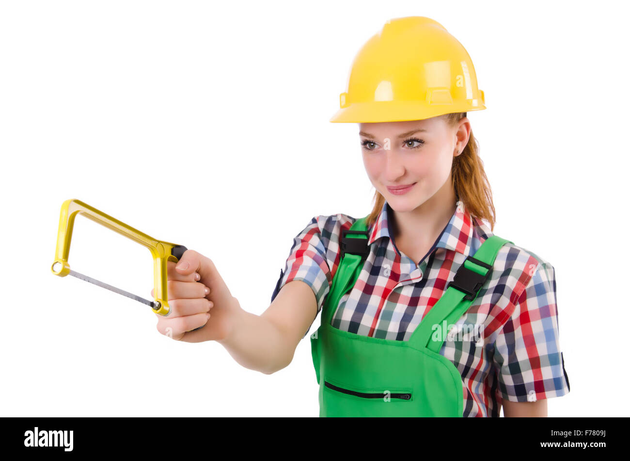 Female handyman in overalls isolated on white Stock Photo - Alamy