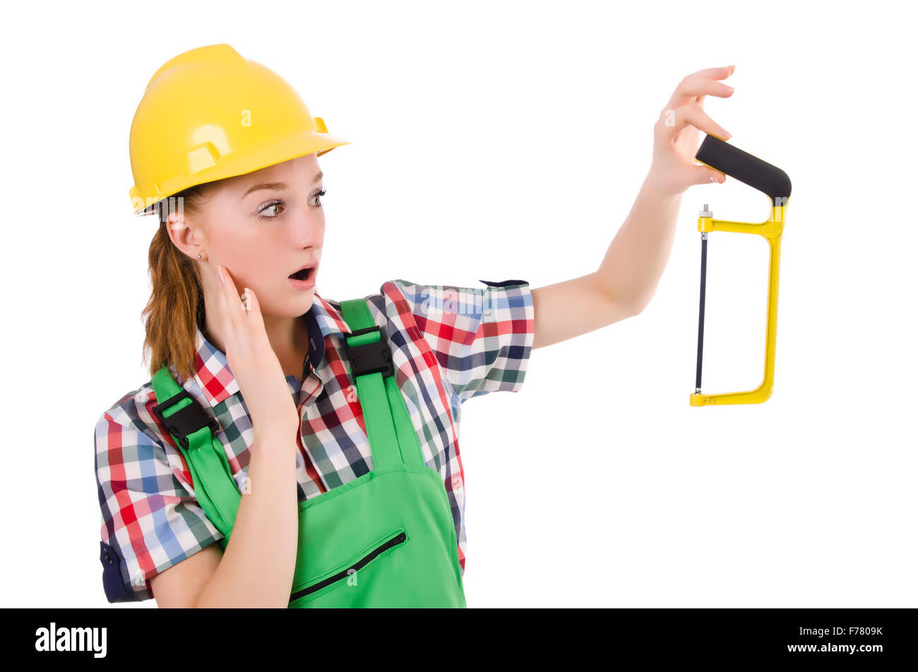Female handyman in overalls isolated on white Stock Photo - Alamy