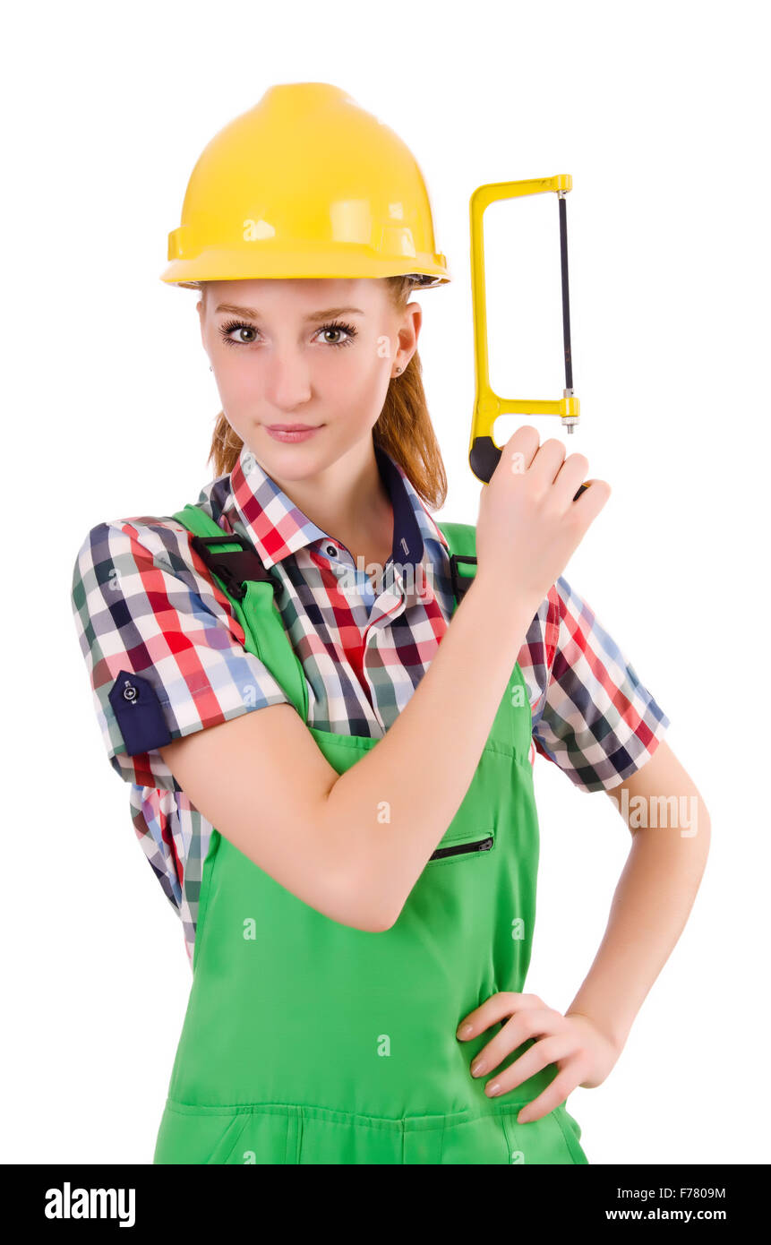 Female handyman in overalls isolated on white Stock Photo - Alamy