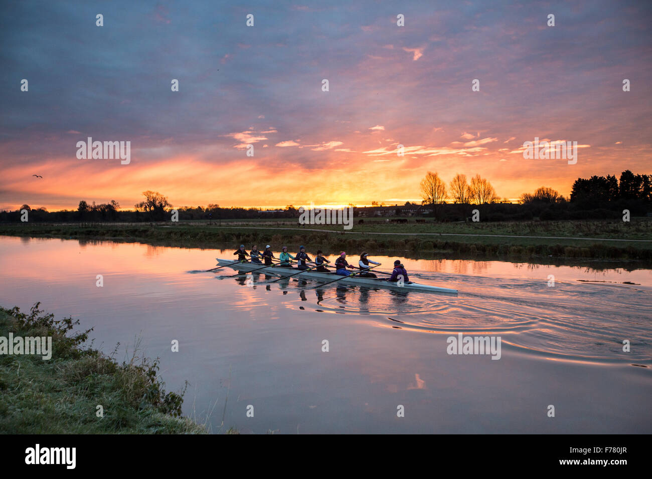 Cambridge rowers on the River Cam in Cambridge at sunrise in the autumn ...