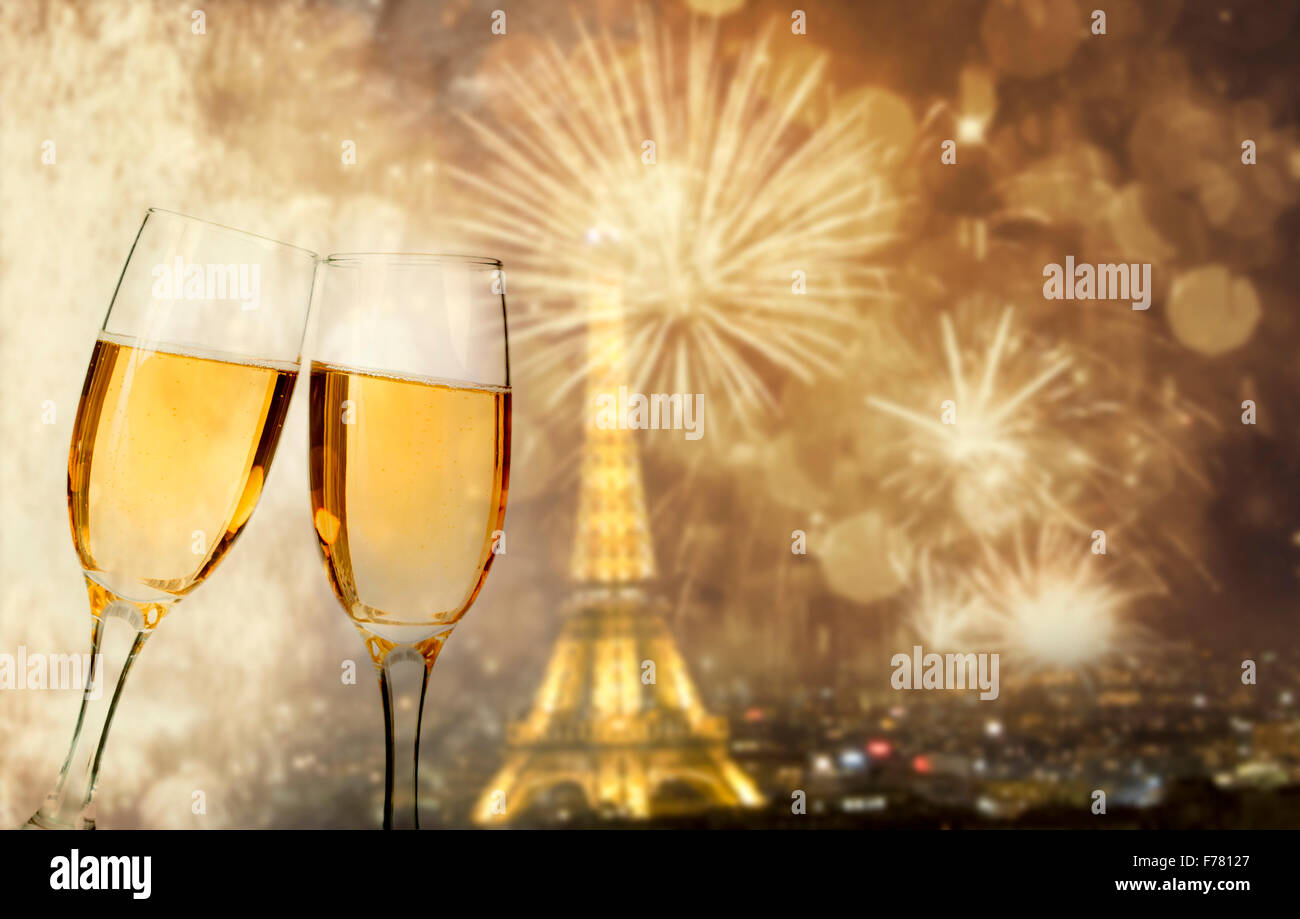 Eiffel tower with fireworks, celebration of the New Year in Paris ...