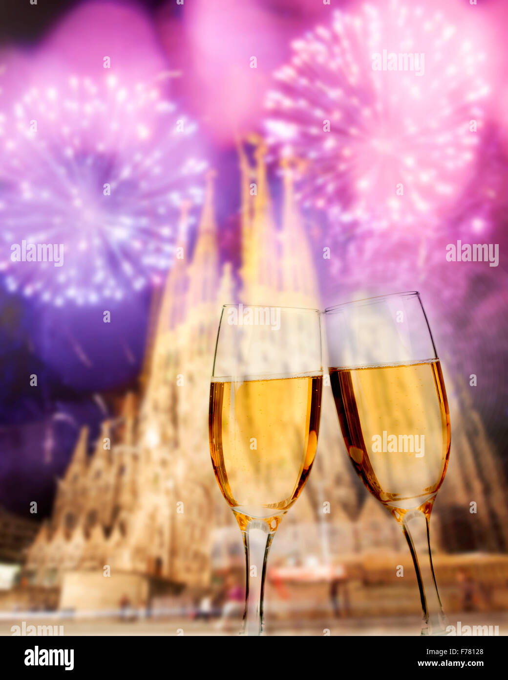 Sagrada Familia with fireworks, celebration of the New Year in ...
