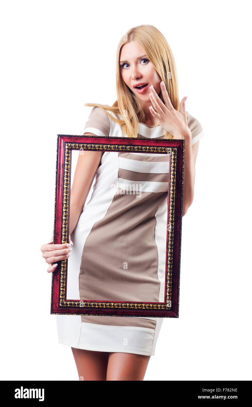 Woman with picture frame on white Stock Photo - Alamy