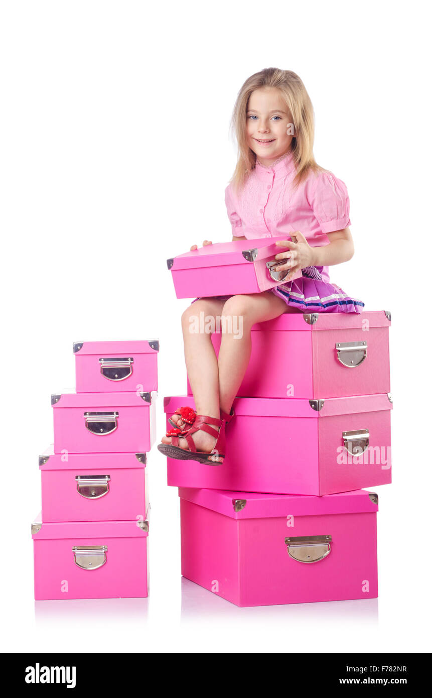 Little cute girl with lots of boxes Stock Photo - Alamy