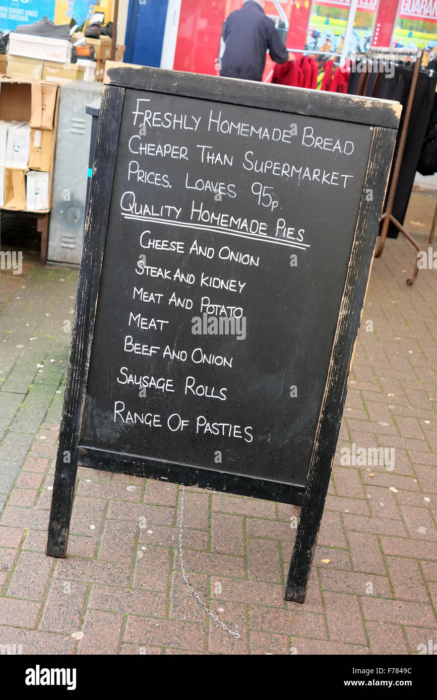 Cheaper than Supermarket sign on Market Stall, listing homemade foods ...