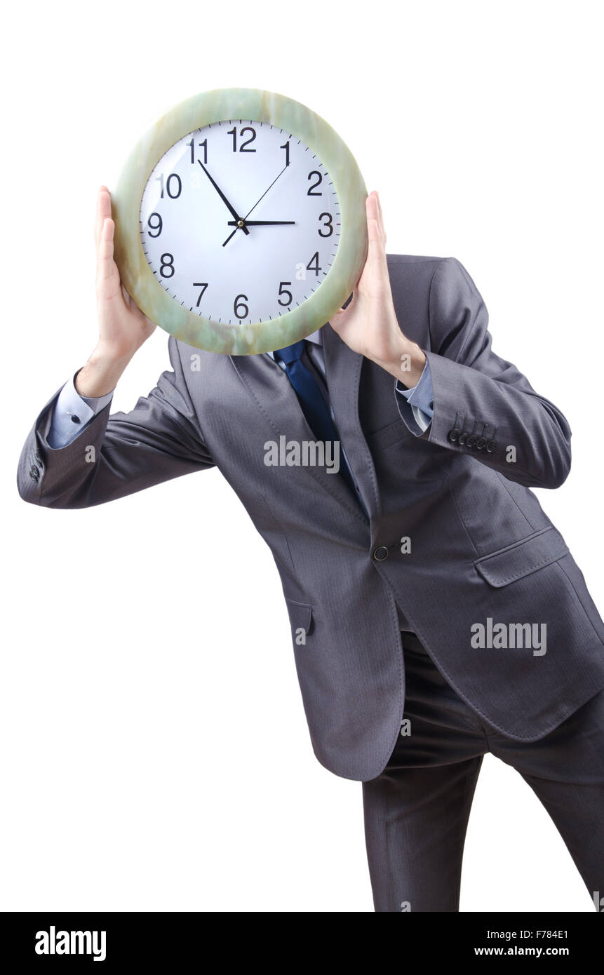 Man with clock isolated on white Stock Photo - Alamy