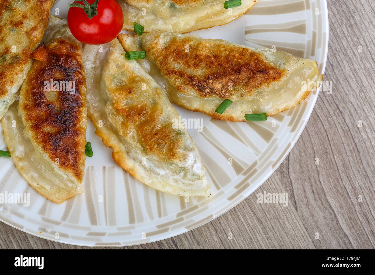 Japanese cousine - Gyoza served green onion and cherry tomato Stock ...
